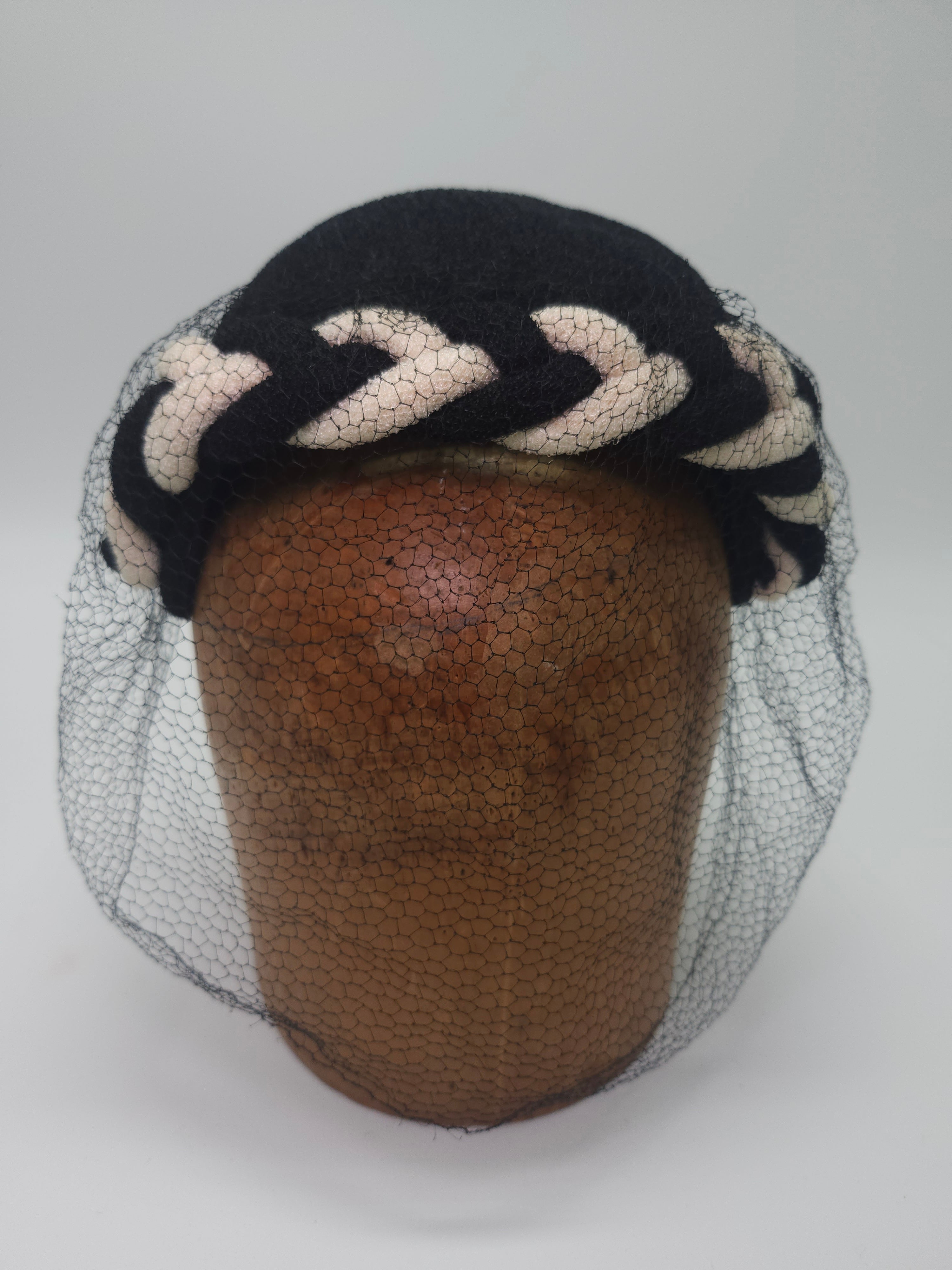 Mid Century Black & White Hat with Braid Detail & Black Netting ...